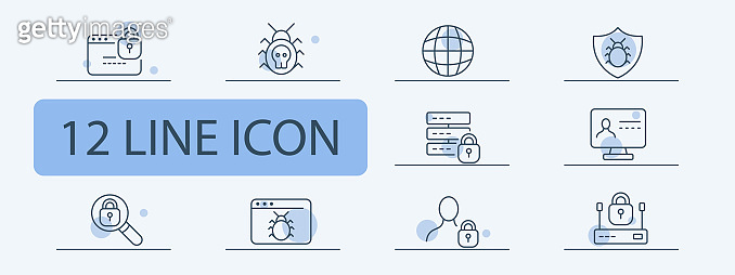 Antivirus icon set. Database protection, hacking, password cracking ...