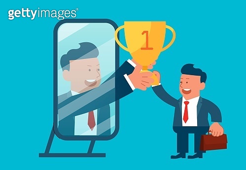 Businessman in mirror giving businessman himself a trophy, confident ...