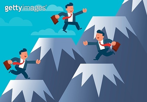 Businessmen climb and jump up higher and higher mountains, overcome ...