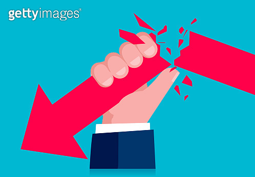 Hand crushes falling arrow, stop and control risk, business concept ...