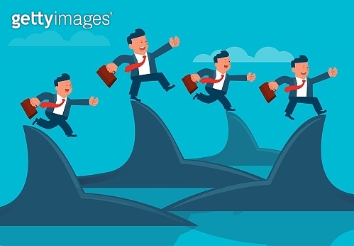 Cartoon businessman adventure on the shark fins jump across, conquer ...