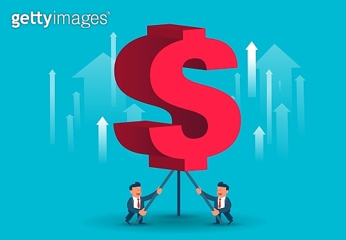 Dollar currency or economic support, two businessmen use wooden sticks ...