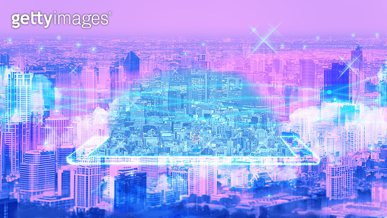 Futuristic hologram city in cyber punk theme color in metaverse ...