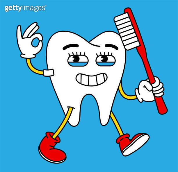 tooth funny cartoon character. Tooth with toothbrush in hands shows ...