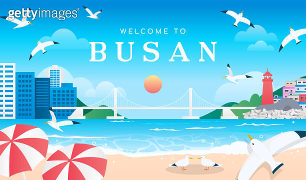 Welcome to Busan poster vector illustration. Beautiful Busan landscape ...