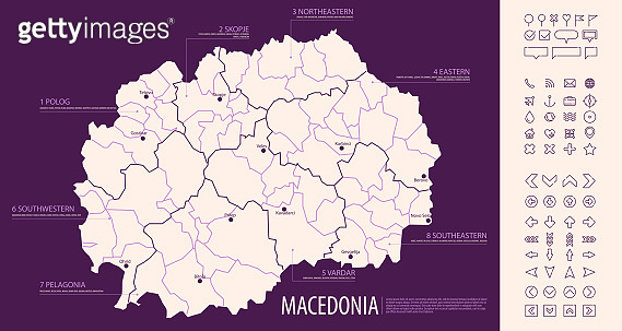 Detailed map of North Macedonia with administrative divisions on dark ...