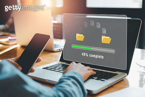 Transfer files data system relocation concept, Person hand using laptop ...