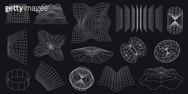 Cyber neo futuristic grids, 3d mesh objects and shapes. Wireframe wavy geometric perspective ...