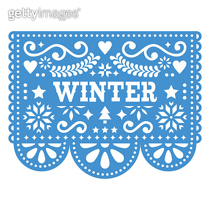 Papel Picado winter vector design with snowflakes and pine trees ...