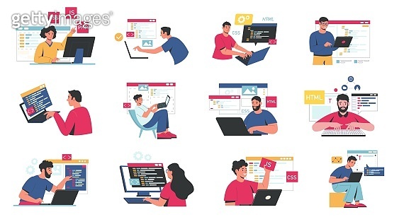 Front end and back end development. Abstract characters working on responsive web design ...
