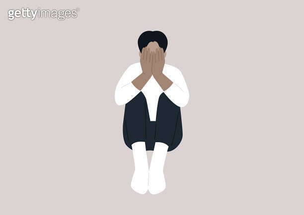 A young male character covering their face with hands, a desperate ...