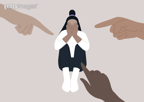 Fingers pointing at a young female character covering their face with ...