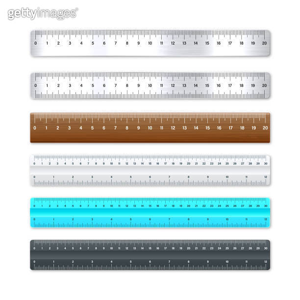 Realistic various metal and plastic rulers with measurement scale and ...