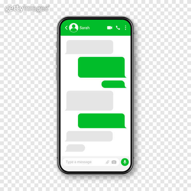 Realistic smartphone with messaging app. Blank SMS text frame ...