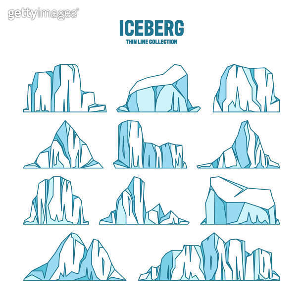 Floating icebergs sketch collection. Drifting arctic glacier, block of ...