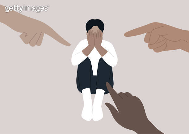 Fingers pointing at a young male character covering their face with ...