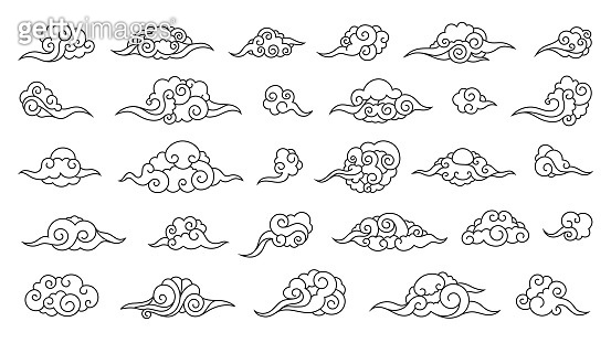 Oriental line clouds. Chinese Japanese Korean Asian outline ornamental ...