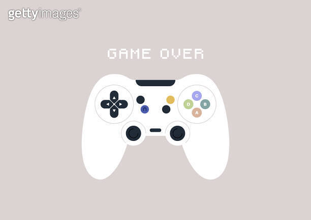 A game controller with colorful buttons and a game over sign, a failure ...