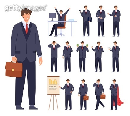 Business man character poses, office worker in suit. Businessman work ...
