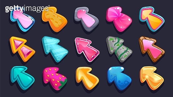 Game arrows asset. Cartoon cursors and pointers interface elements ...