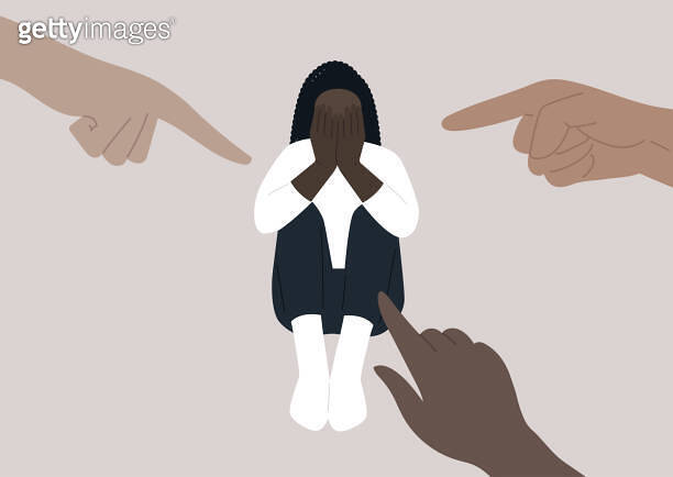 Fingers pointing at a young female African character covering their ...