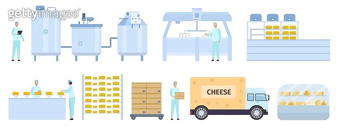 Flat cheese production manufacture factory with workers. Dairy product ...