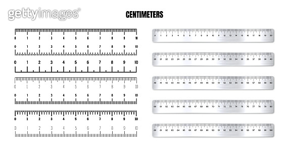 Realistic metal rulers with black centimeter scale for measuring length ...