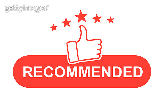 Red banner with recommended. Recommended with thumbs up. Red label or ...