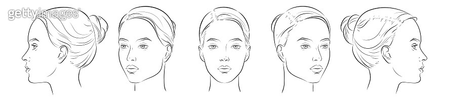 Vector woman face. Set of three different angles. Different view front ...