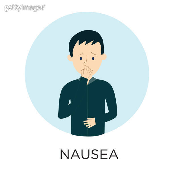 Flat style vector illustration of man with nausea symptoms holding hand ...
