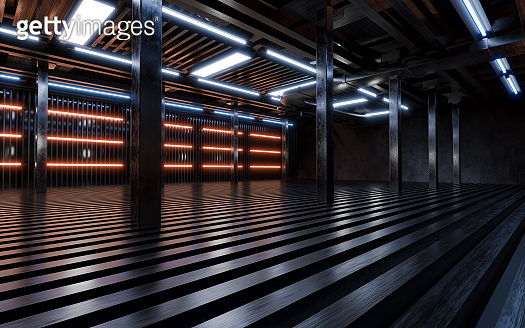Dark building with neon illumination, 3d rendering. 이미지 (1399280958 ...