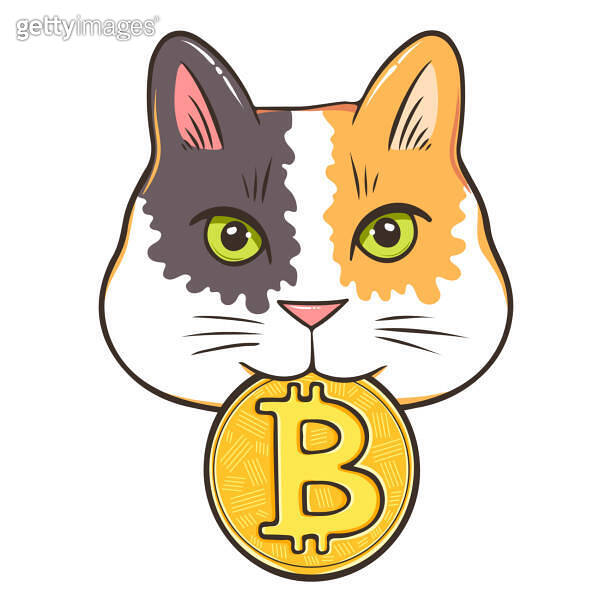 Lucky calico crypto cat holding Bitcoin in mouth, funny poster for someone who love cats and ...