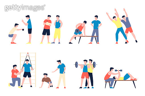 Fitness trainer. Cartoons character gym, flat trainers and man workout ...