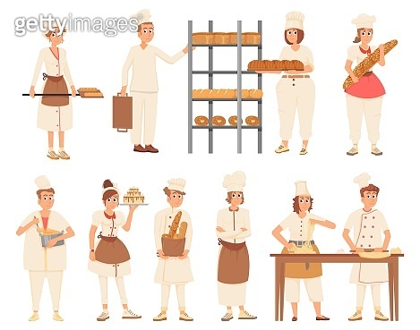 Bakers characters. Cartoon baker woman and man hold bread and bakery ...