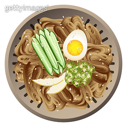 Korean noodles dish. Milmyeon plate top view 이미지 (1446545873) - 게티이미지뱅크
