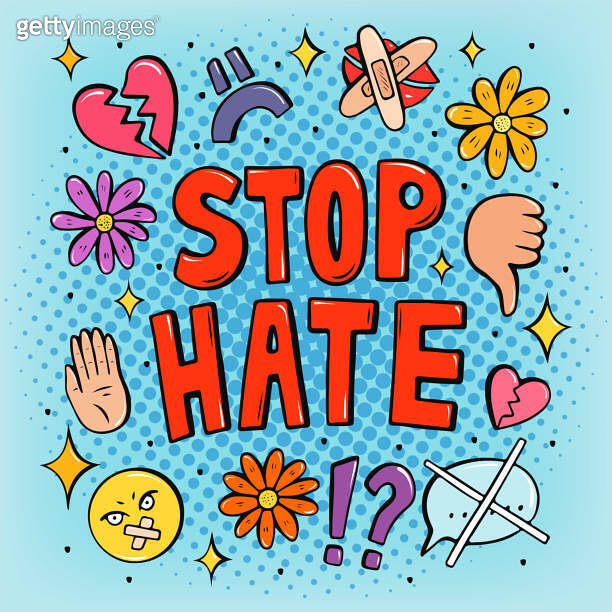 Stop Hate pop art poster with emojis, stop hating hand drawn vector ...