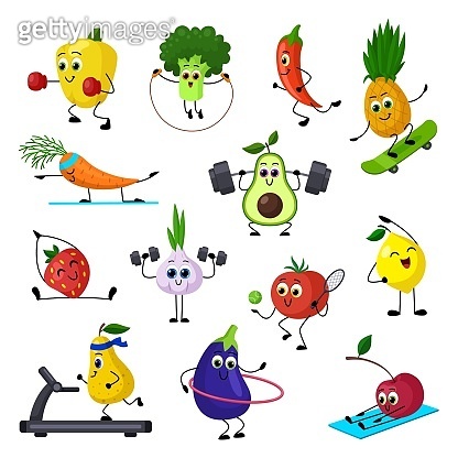 Fruits vegetables sport, funny fitness pepper. Isolated cartoon banana ...