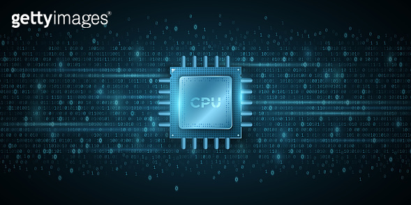 Digital microchip CPU on background of binary code. Futuristic high performance processor. Big ...
