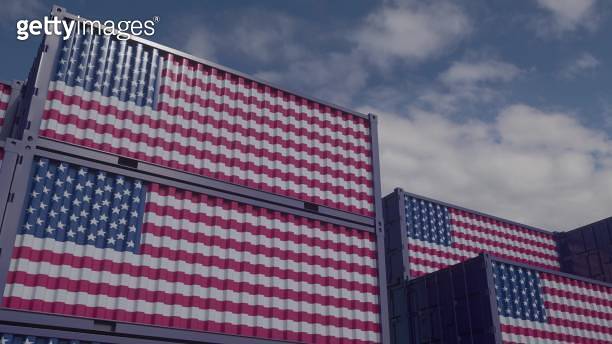 USA flag containers are located at the container terminal. American export or import concept. 3d ...