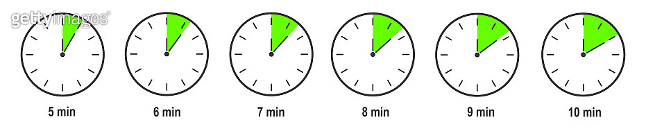 Timer icons with 5, 6, 7, 8, 9, 10 minute time interval. Countdown ...