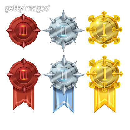 Game medal badge set, vector UI rank award icon, gold reward trophy ...