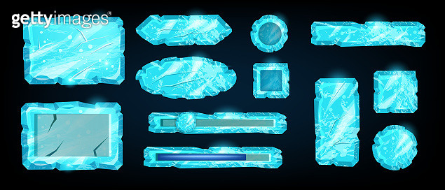 Ice game button vector set, frozen winter UI icon kit, cartoon crystal ...