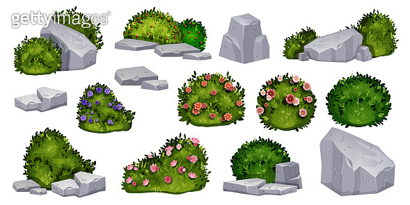 Garden bush set, gray stones, nature landscape design elements, vector ...