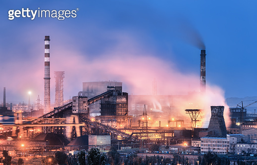 Azovstal in Mariupol, Ukraine before war. Steel plant at night. Steel ...