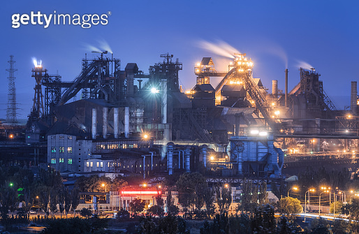 Azovstal in Mariupol, Ukraine before war. Steel plant at night. Steel ...