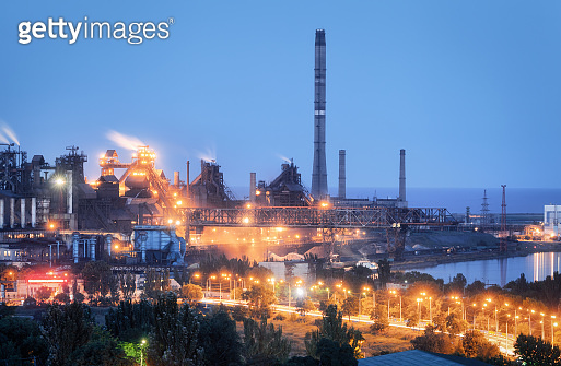 Azovstal in Mariupol, Ukraine before war. Steel plant at night. Steel ...