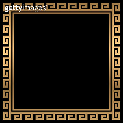 Greek key square frame on black background. Elegant golden meander ...