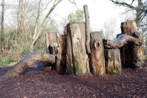 Natural play area constructed with sustainably felled oak tree trunks ...