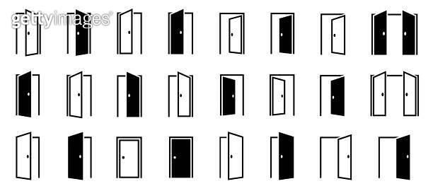 Door icons set. Opened and closed door symbols collection. Isolated ...