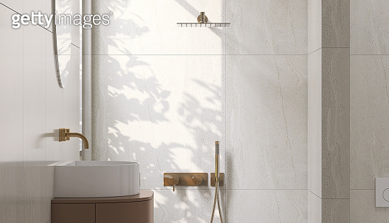 Modern and minimal bathroom design with shiny stainless steel rain ...